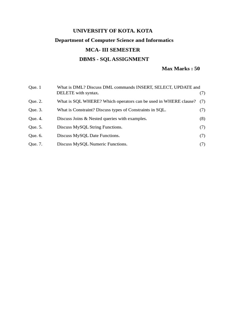 SQL Assignment for MCA Students | PDF
