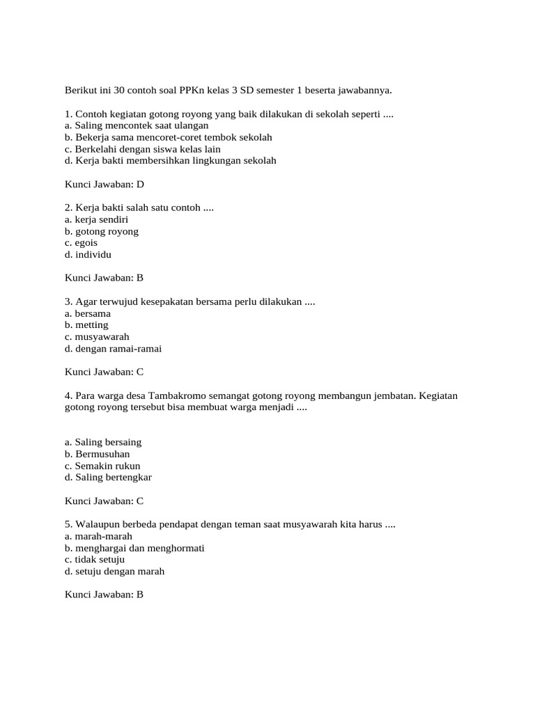 Contoh Soal PPKn Kelas 3 SD | PDF