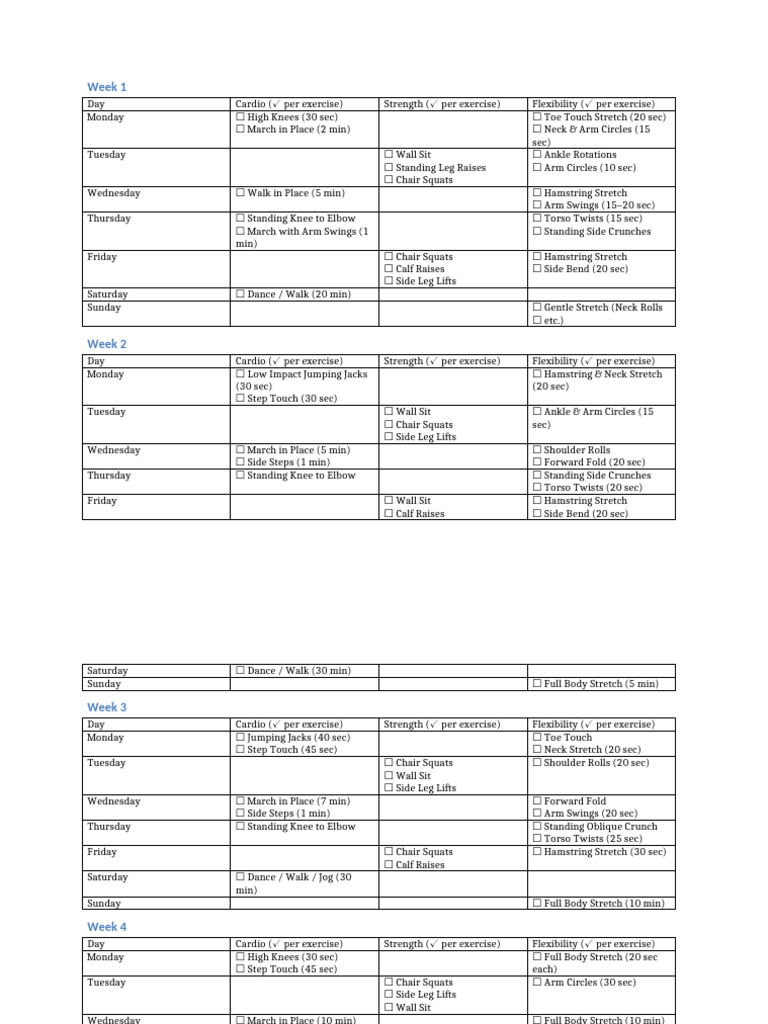 4week Exercise Tracker Checkboxes Formatted | PDF | Knee | Physical Exercise