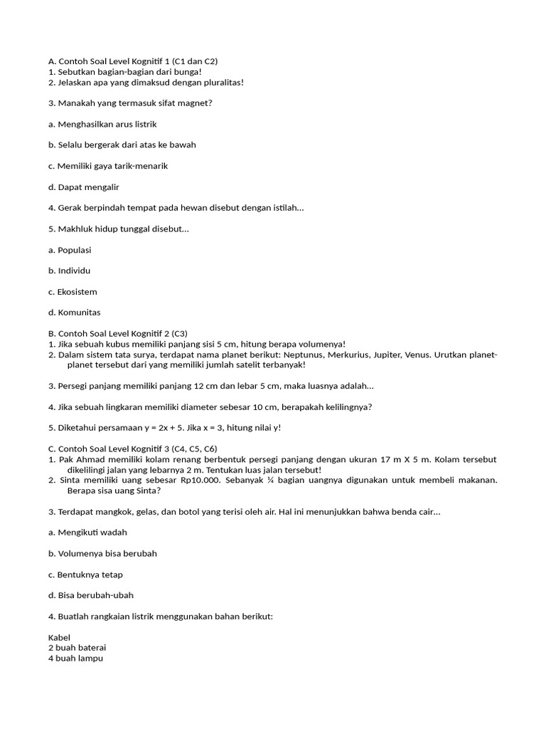 Contoh Soal Kognitif Level 1-3 | PDF
