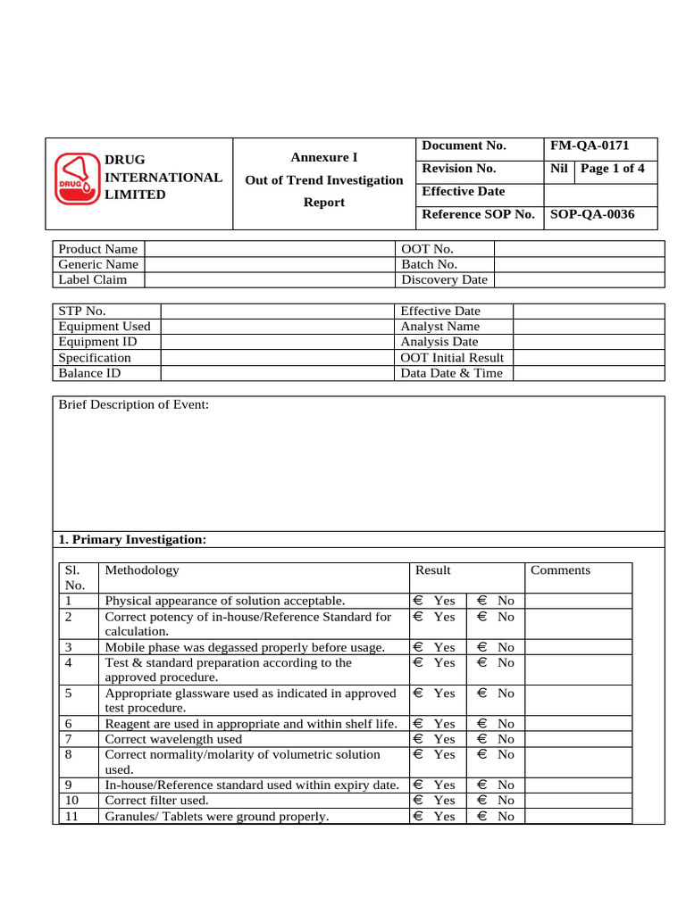0051-Annexure I Out of Trend Investigation Report 1 | PDF