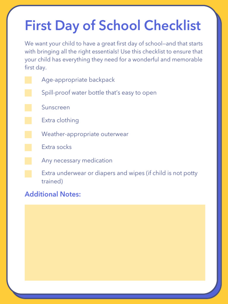 First Day of School Checklist for New Families - Brightwheel | PDF