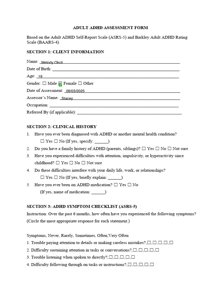 Adult ADHD Assessment Form | PDF | Attention Deficit Hyperactivity ...