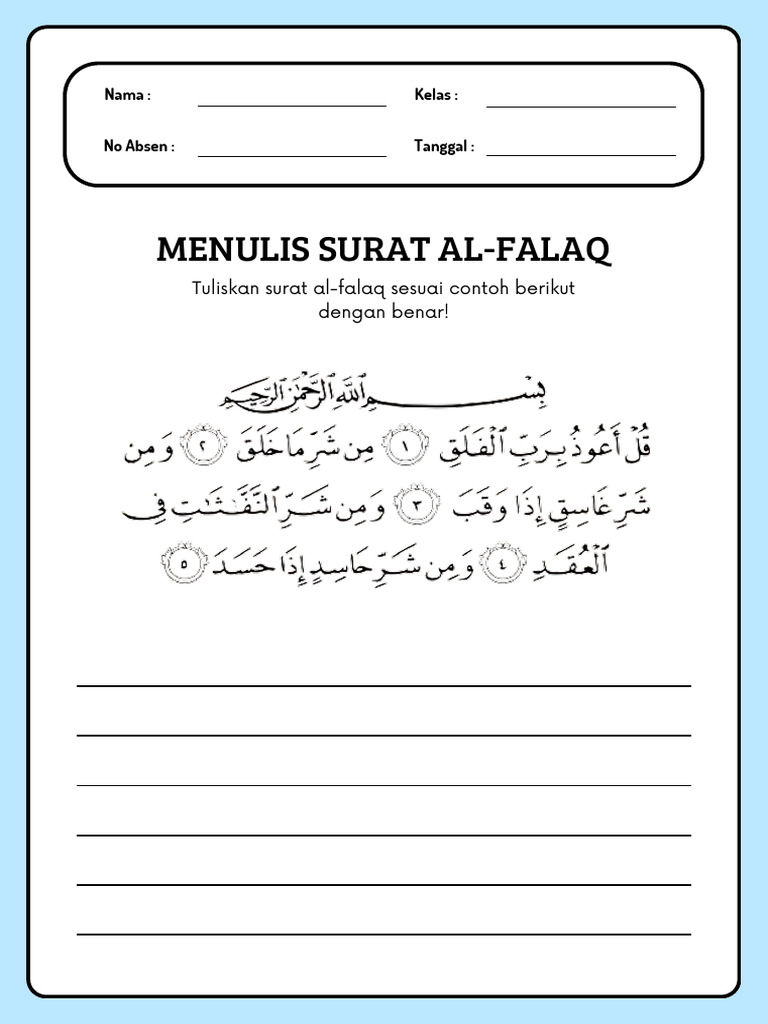 Lembar Kerja Pendidikan Agama Islam Menulis Surat Al-Falaq Putih Biru Seder_20250312_091106_0000 ...