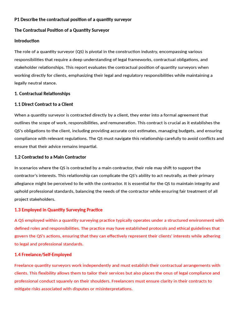 P1 Describe The Contractual Position of A Quantity Surveyor | PDF ...