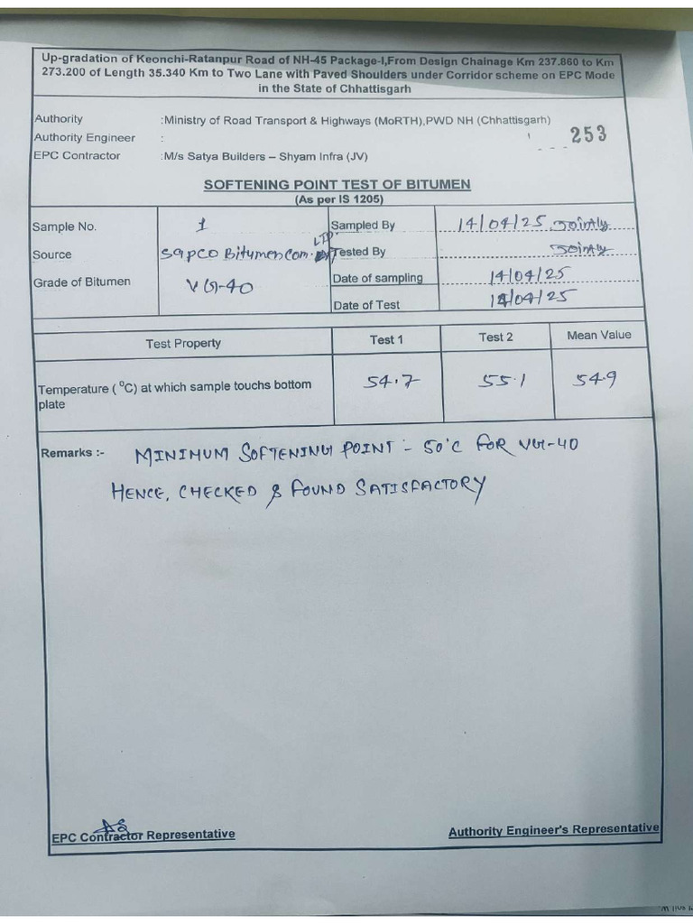Sapco Bitumen Company LTD VG-40 Test Result | PDF