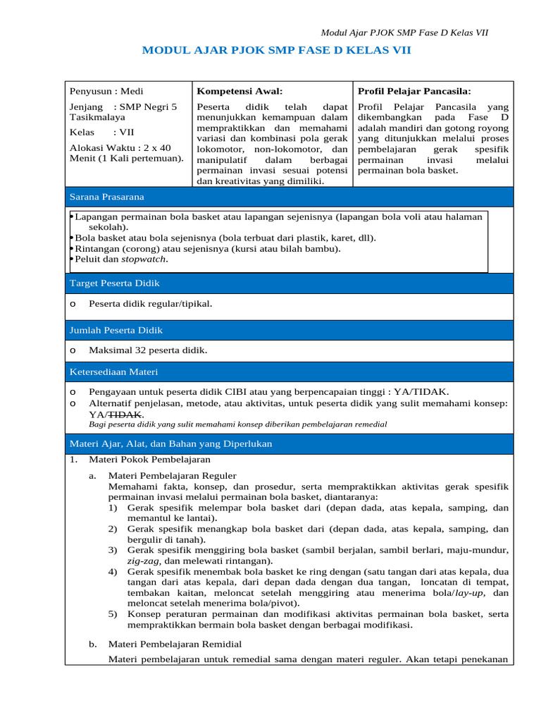 Modul Ajar Permainan Bola Basket Medi | PDF