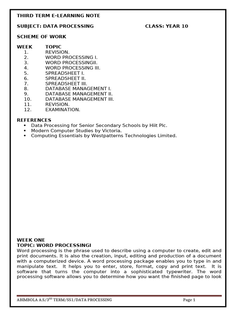 Data Pro Lesson Note Year 10 | PDF | Databases | Spreadsheet