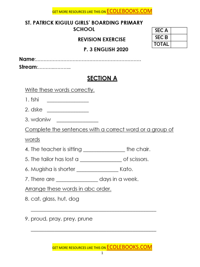 P.3 Eng Revision Exercise 2020 Exam | PDF