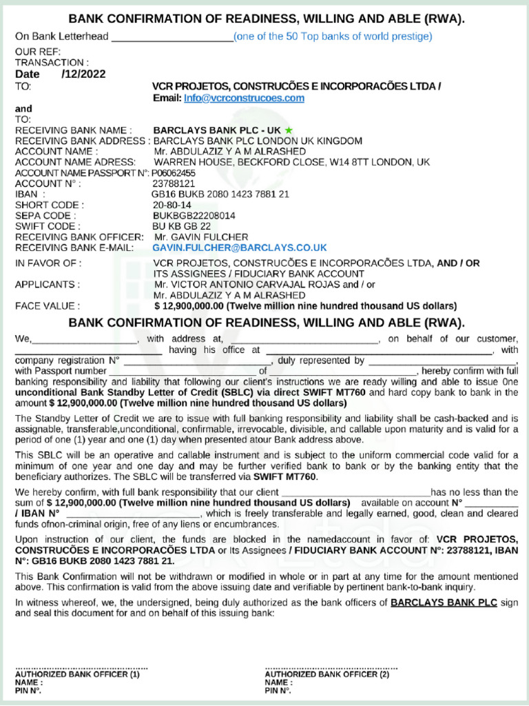 Def Templates Rwa mt799 Advice mt760 by Usd 12900000.00. Dec 2022 ...