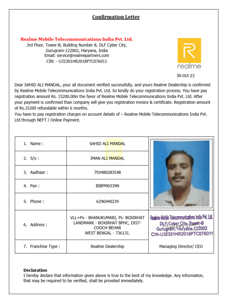 Sahid Ali Mandal Realme Dealership Confirmation Letter | PDF