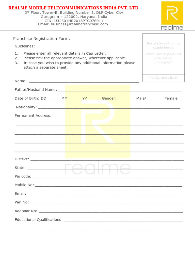 Realme Franchise Registration Form-1 | PDF
