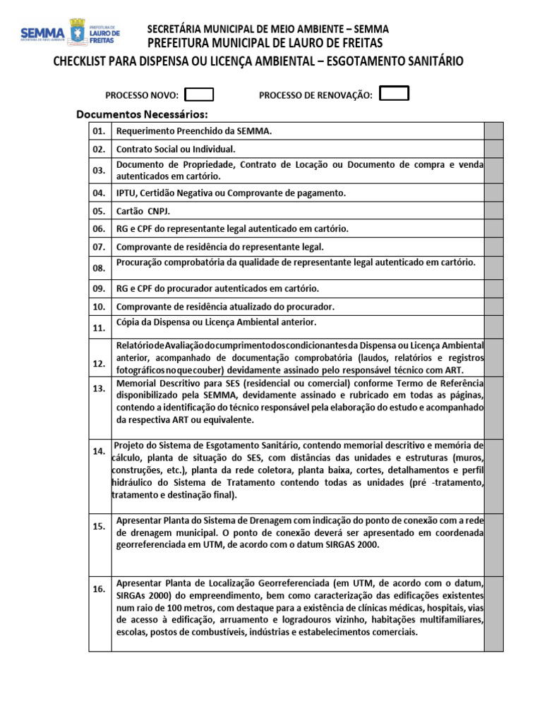 Checklist Licença Ambiental Esgotamento Sanitário | PDF