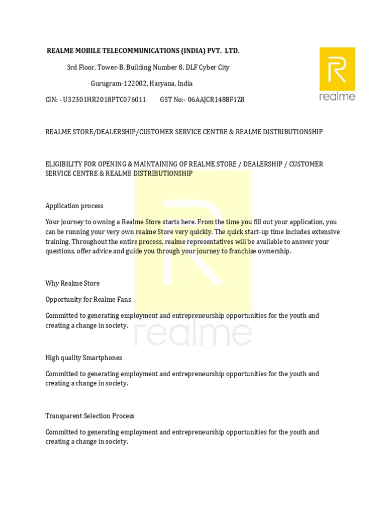 Realme Mobile Telecommunications (Process & Required Details | PDF