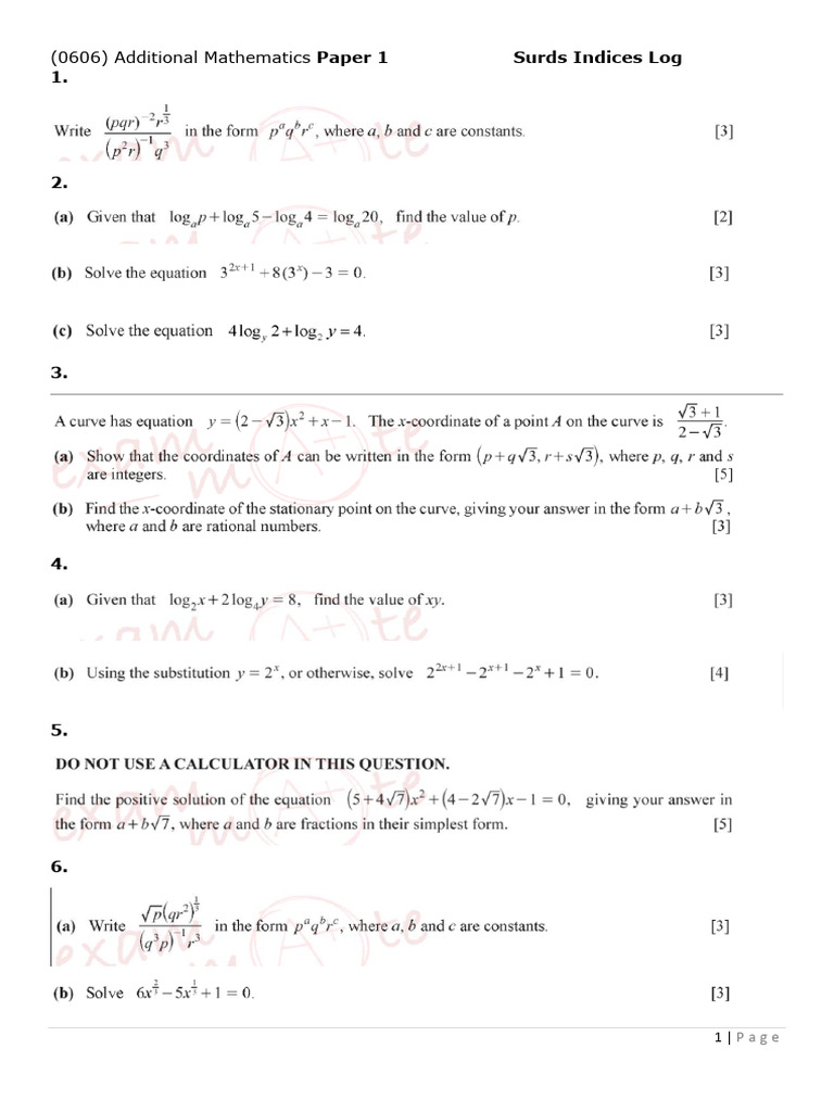 Add Maths 0606 Surd Indic Log Paper 1 QTNS | PDF