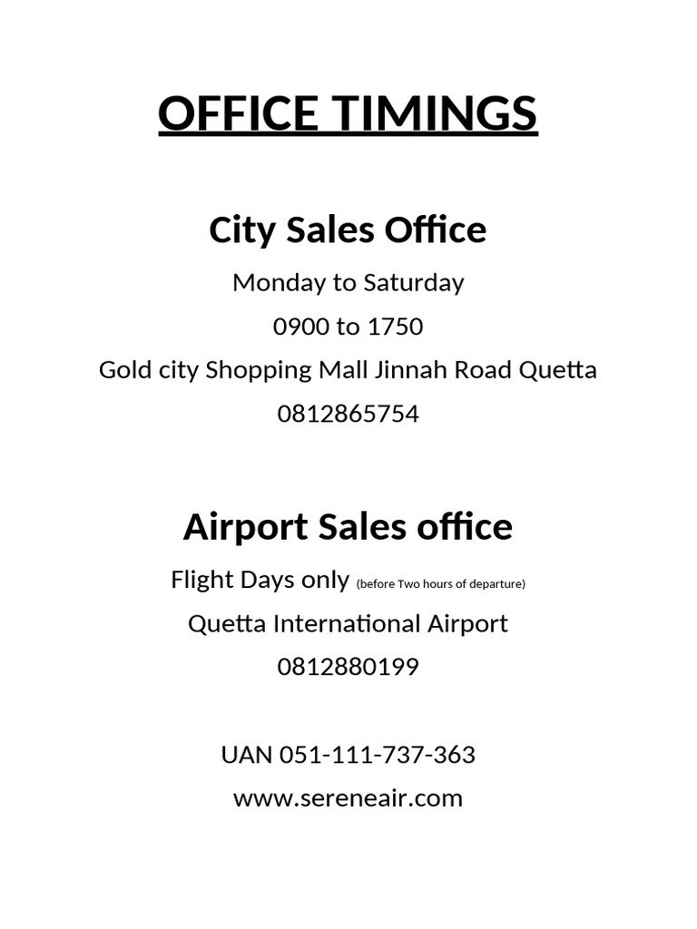 Serene Air Office Timings Quetta | PDF