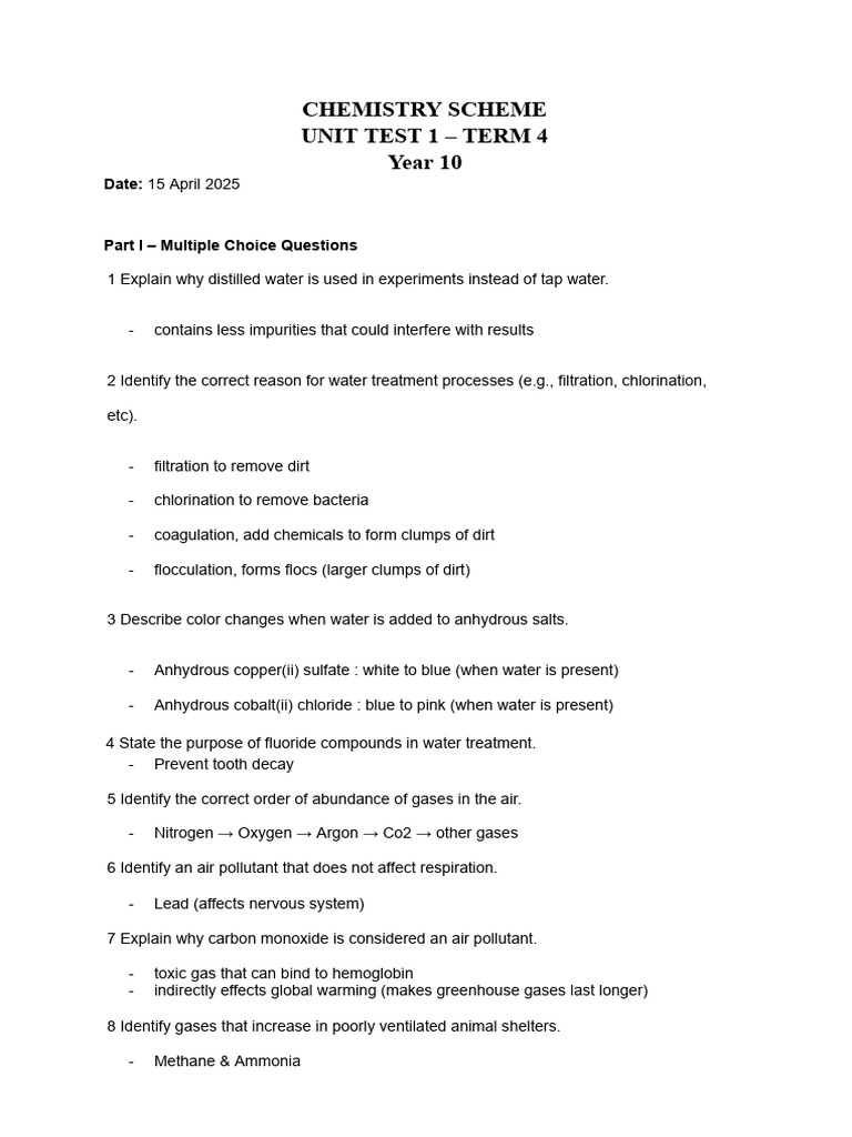 Year 10 Chemistry Unit Test Guide | PDF | Combustion | Carbon Dioxide