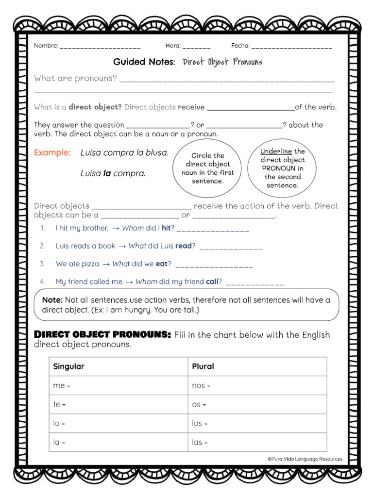 Guided Notes For Direct Object Pronouns | PDF
