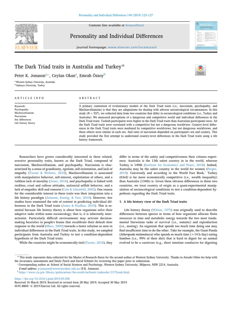 2019-Dark Triad Aus Vs Turkey | PDF | Dark Triad | Behavioural Sciences