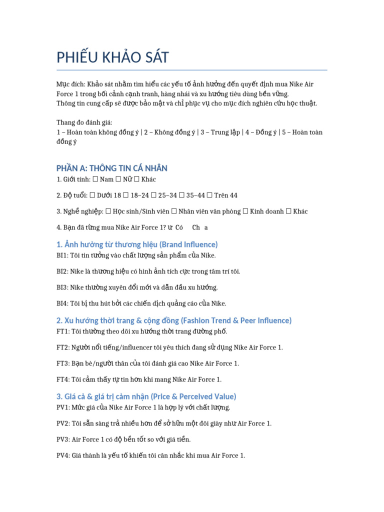 Phieu Khao Sat Nike Air Force 1 | PDF