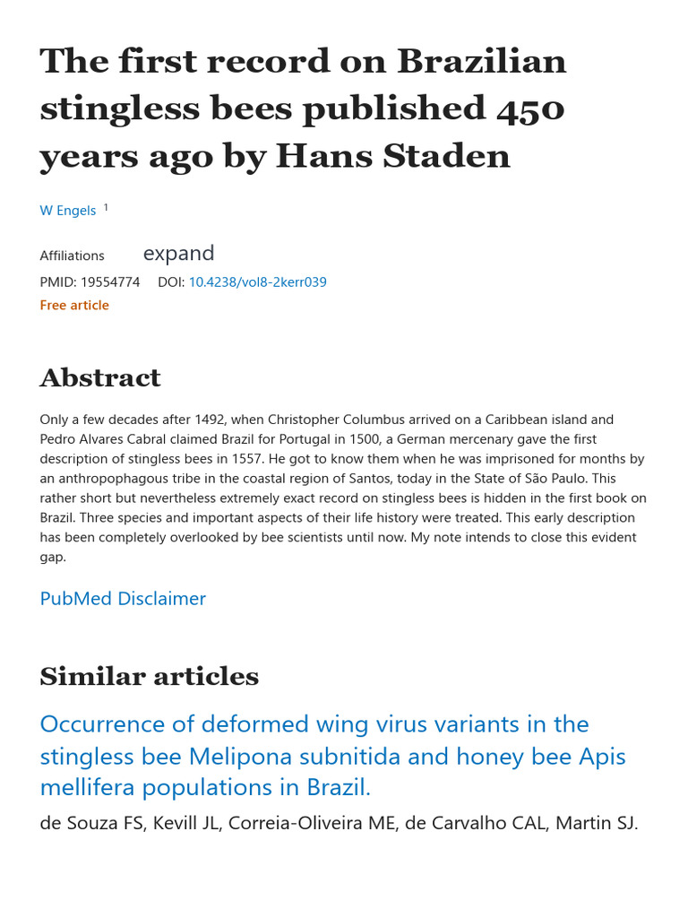The First Record On Brazilian Stingless Bees Published 450 Years Ago by Hans Staden - PubMed ...