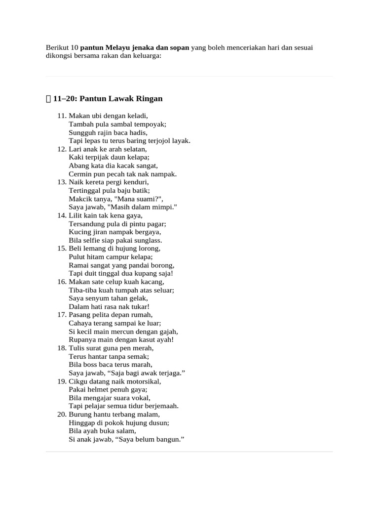 10 Pantun Jenaka Melayu Ringan | PDF
