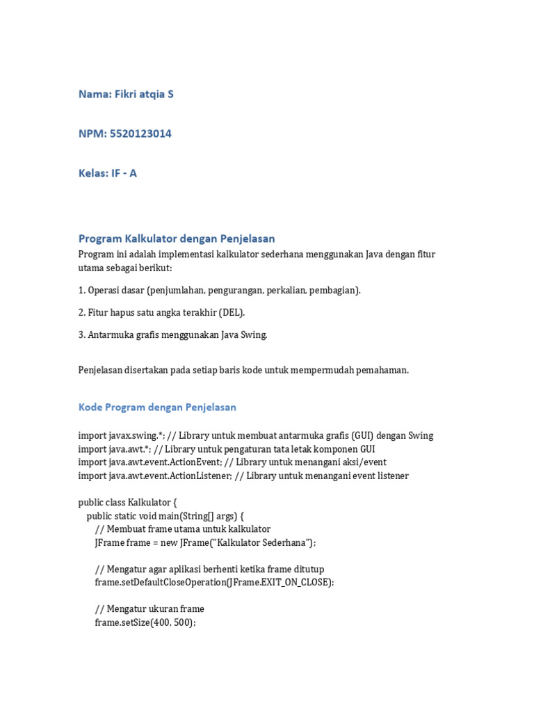 Kalkulator Sederhana dengan Java | PDF