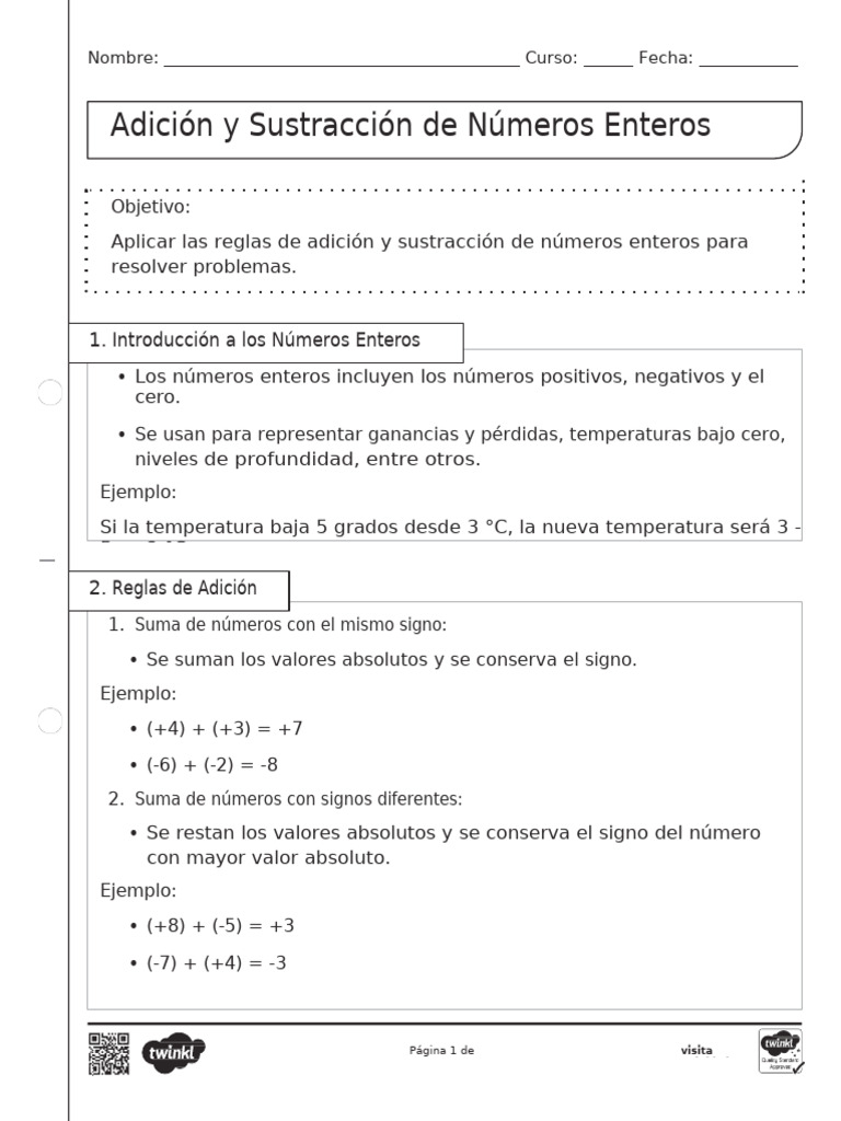 Guía Suma y Resta Enteros | PDF | Entero | Sustracción