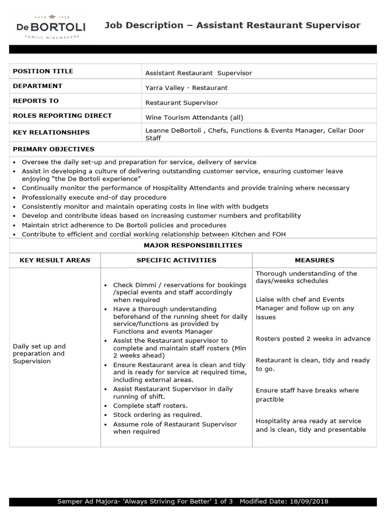 Assistant Restaurant Supervisor 2018 | PDF | Restaurants | Business