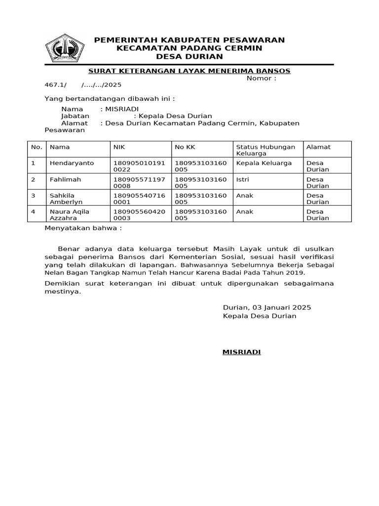 DUrian SKTM Layak Bansos | PDF