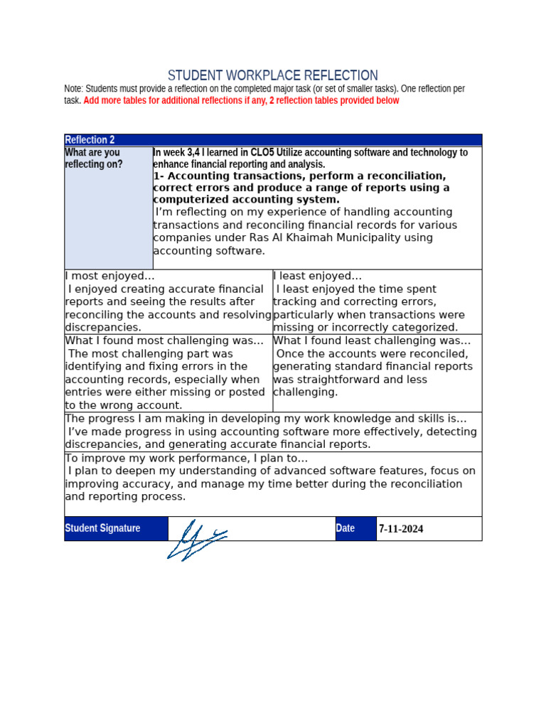 Student Workplace Reflection | PDF