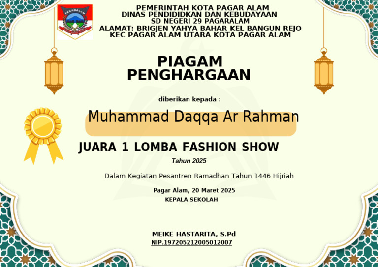 Krem Minimalis Piagam Penghargaan Lomba Hafalan Alquran | PDF