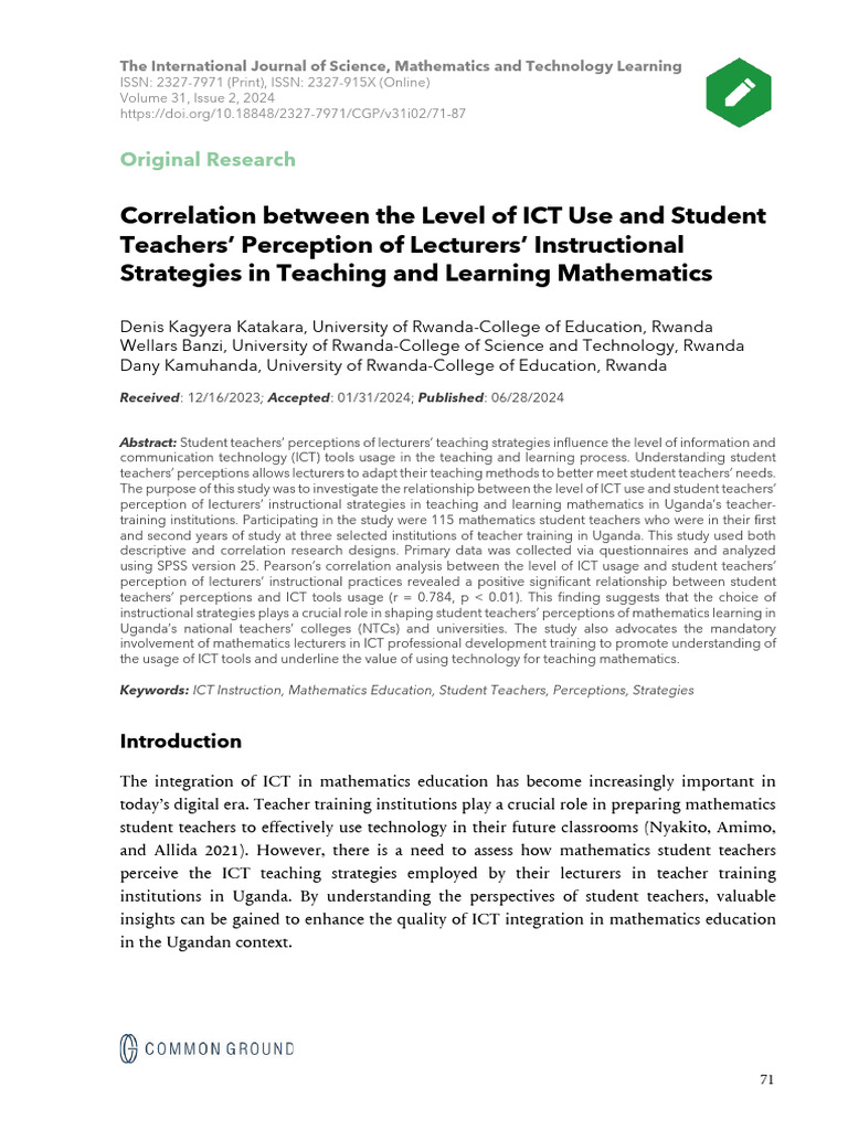 Correlation Between the Level of Ict Use and Student Teachers ...