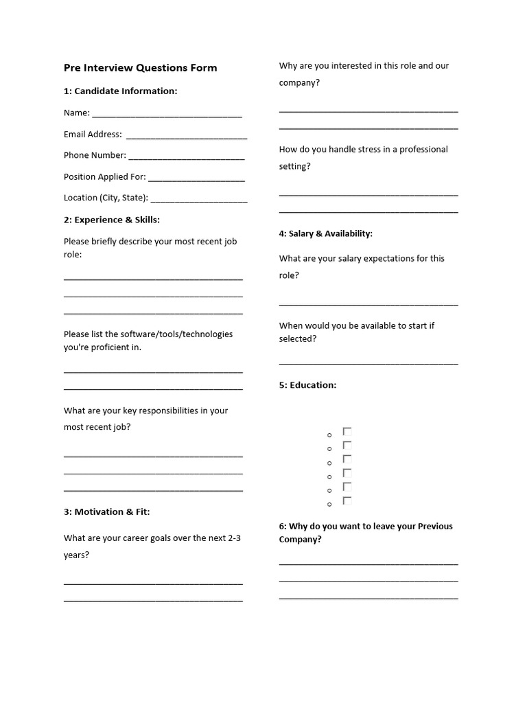 Pre-Interview Questionnaire Template | PDF | Cognition