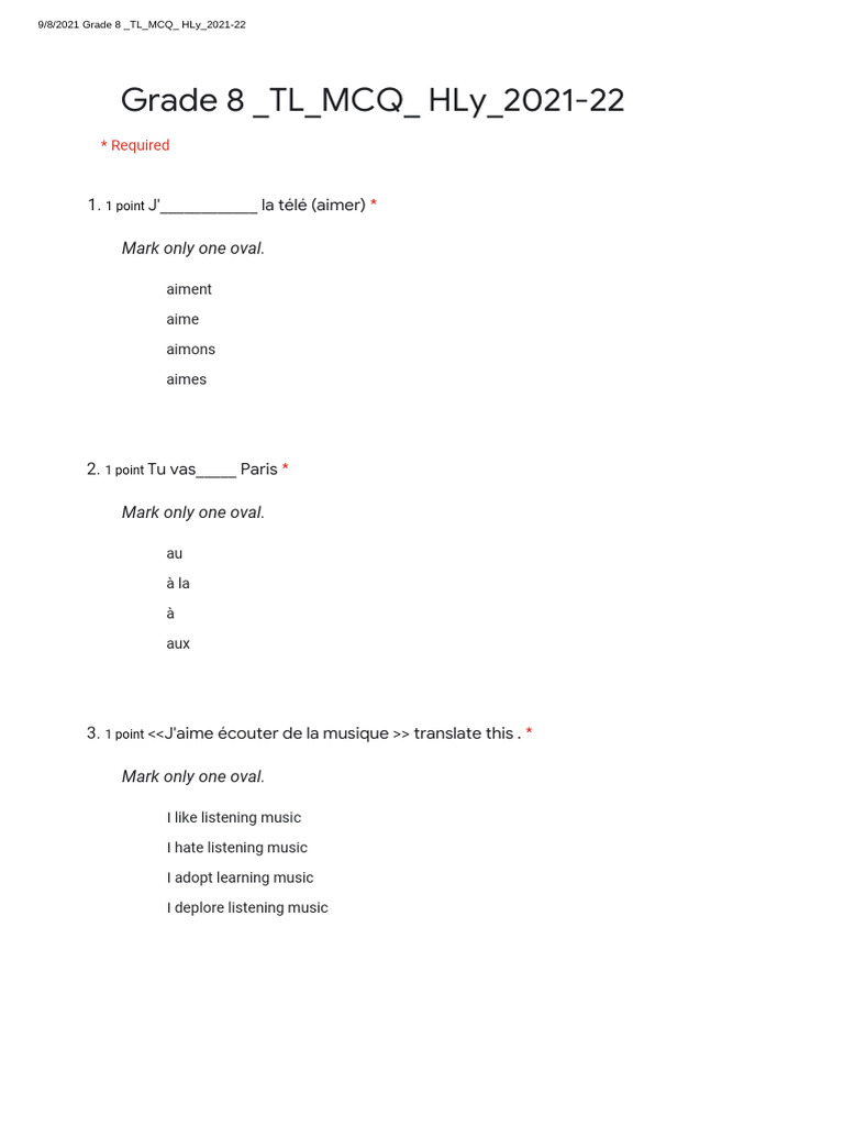 Grade 8 _TL_MCQ_ HLy_2021-22 - Google Forms | PDF