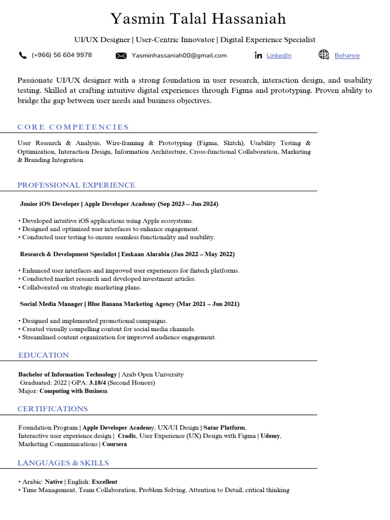 Yasmin Talal Hassaniah CV | PDF