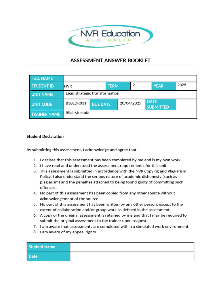 53 - Assessment Answer Booklet Task 1 - BSBLDR811 | PDF | Leadership | Mentorship