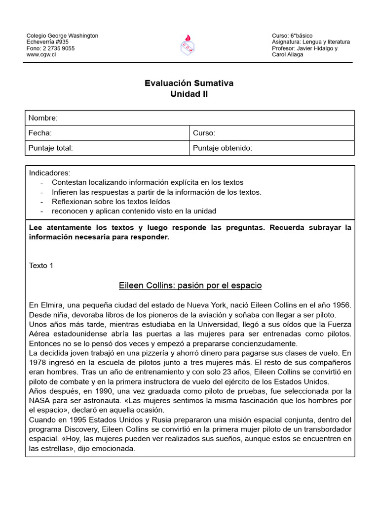 Prueba compresión de texto 6to | PDF