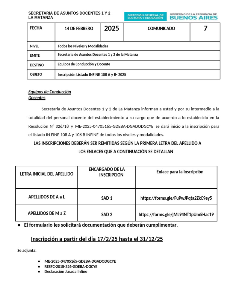 Inscripción Listado INFINE 108 A y B 2025 | PDF | Buenos Aires