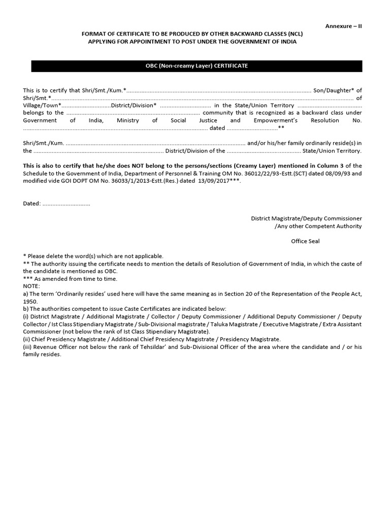 ALP_OBC (Non-creamy Layer) CERTIFICATE | PDF | Government Of India ...