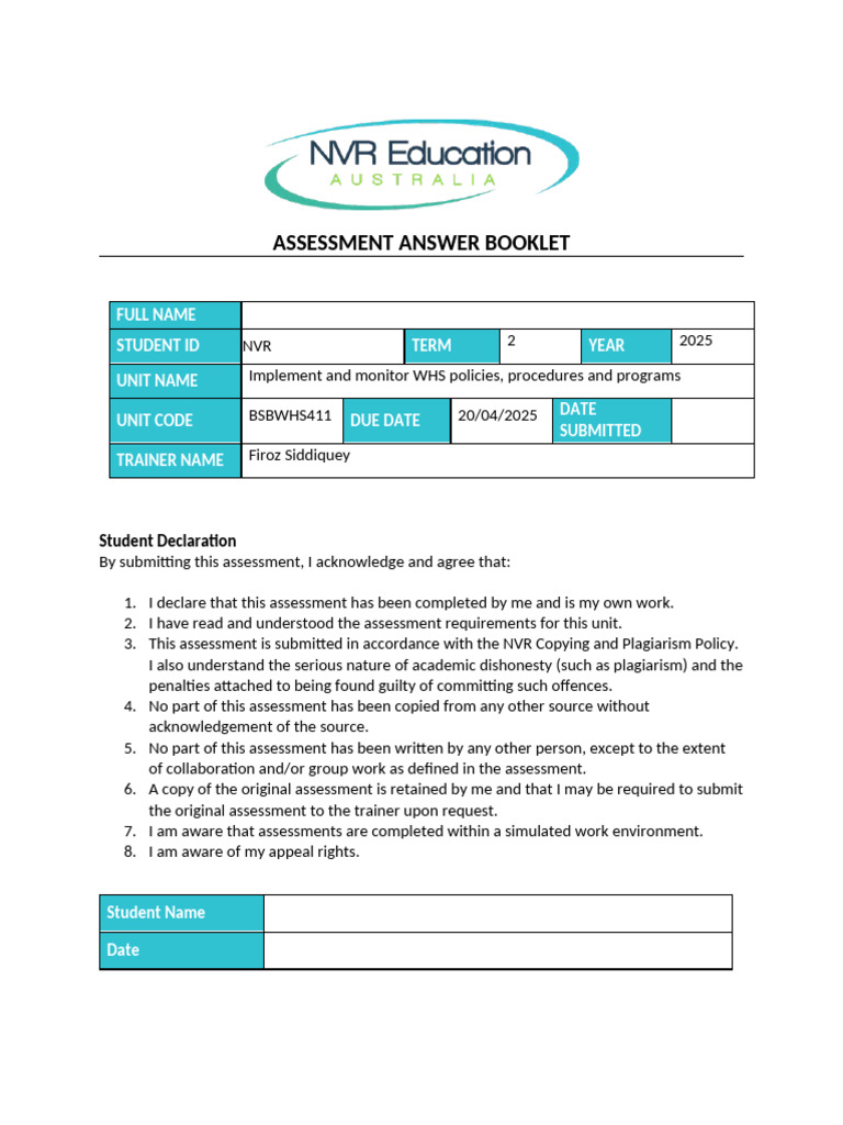 WHS Assessment Answers Booklet 2025 | PDF | Occupational Safety And ...