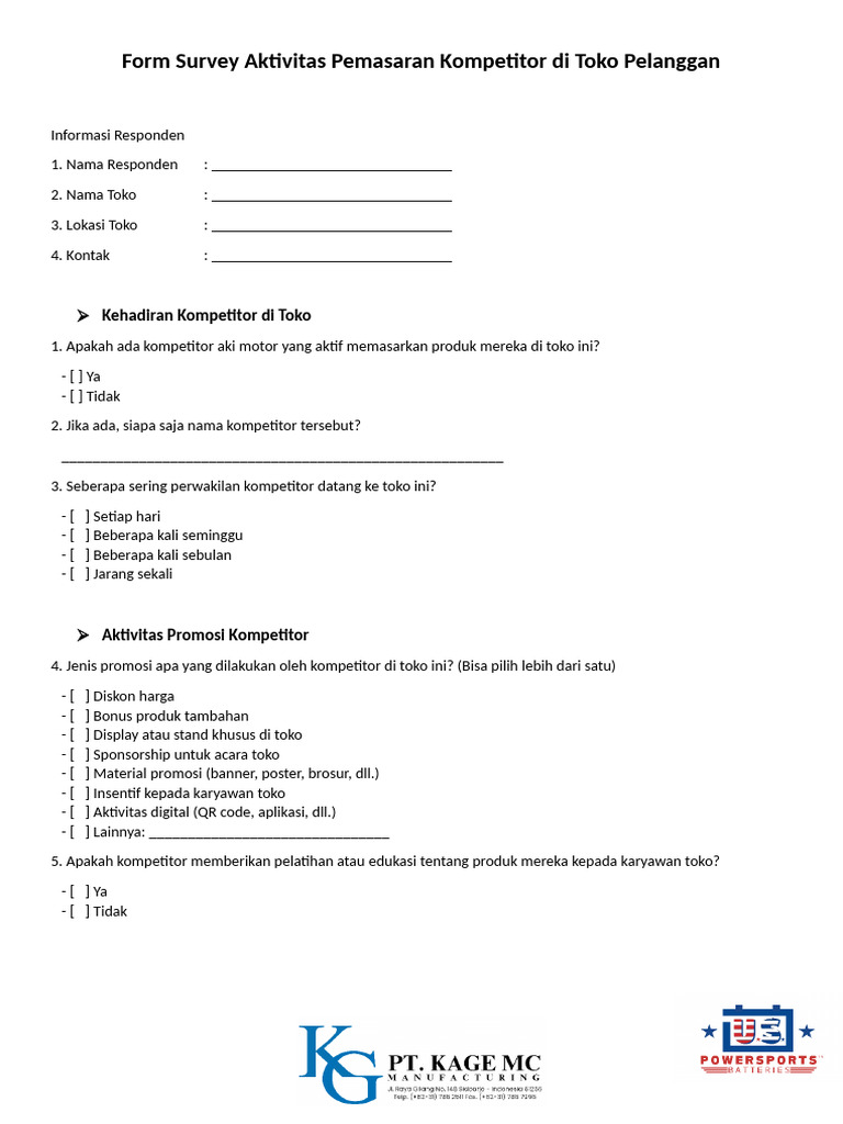 Form Survey Aktivitas Pemasaran Kompetitor Di Toko Pelanggan USPS | PDF