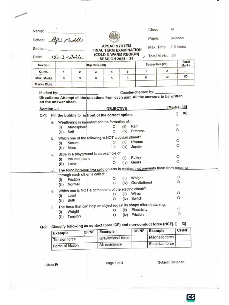 Science Paper Pattern Class 4 | PDF