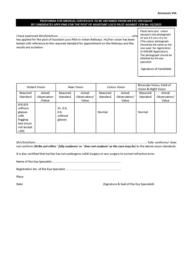 Alp - Proforma For Medical Certificate To Be Obtained From An Eye ...