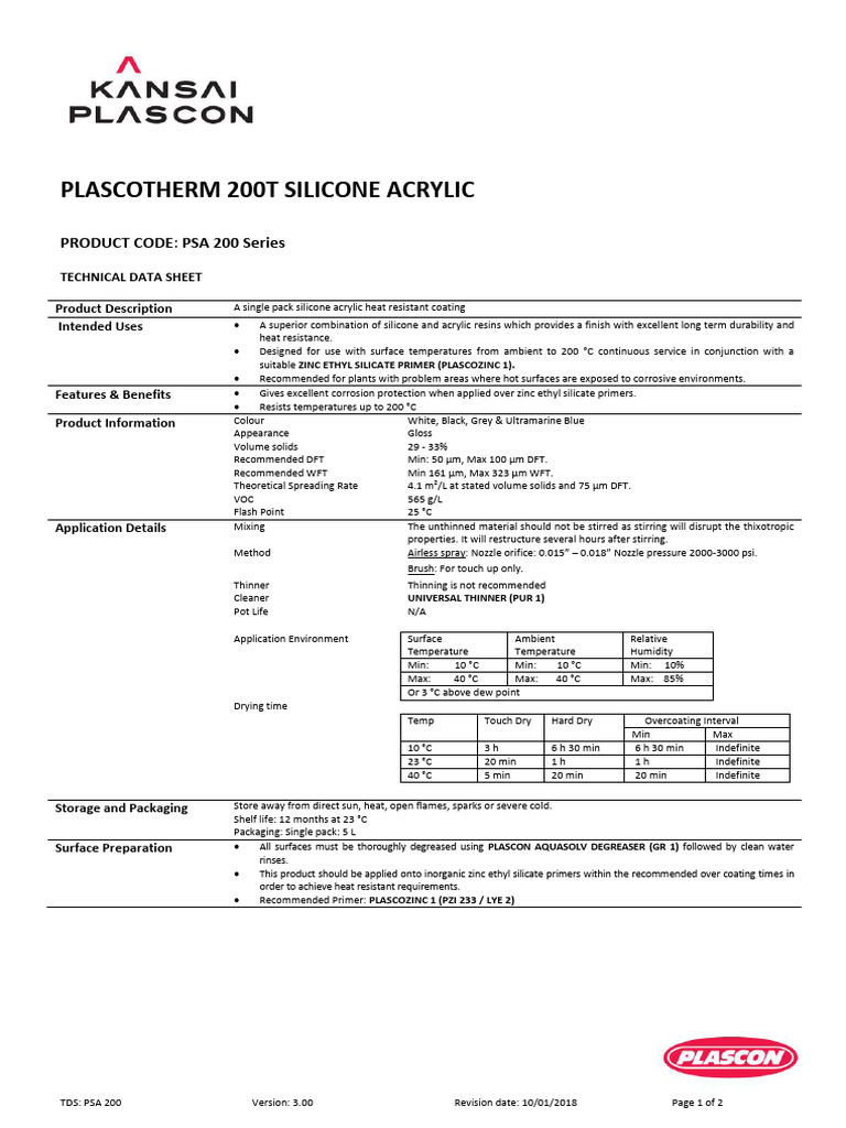 Plascotherm 200T Silicone Acrylic TDS | PDF | Silicone | Corrosion