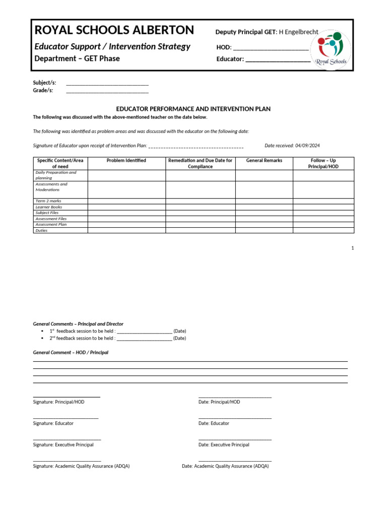Performance Improvement and Intervention Plan - RSA GET | PDF ...