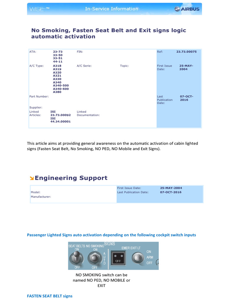 No Smoking, Fasten Seat Belt and Exit signs logic automatic activation ...