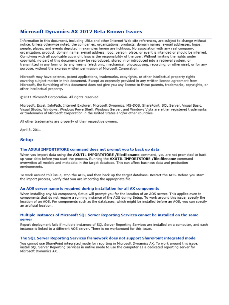 Microsoft Dynamics AX2012 Beta Known Issues | PDF | Databases | Microsoft Sql Server