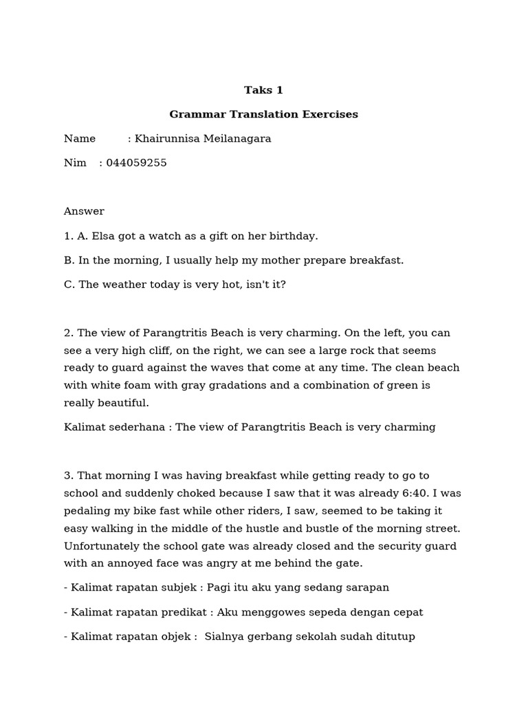 Grammar Translation - Taks 1 - Khairunnisa Meilangara | PDF