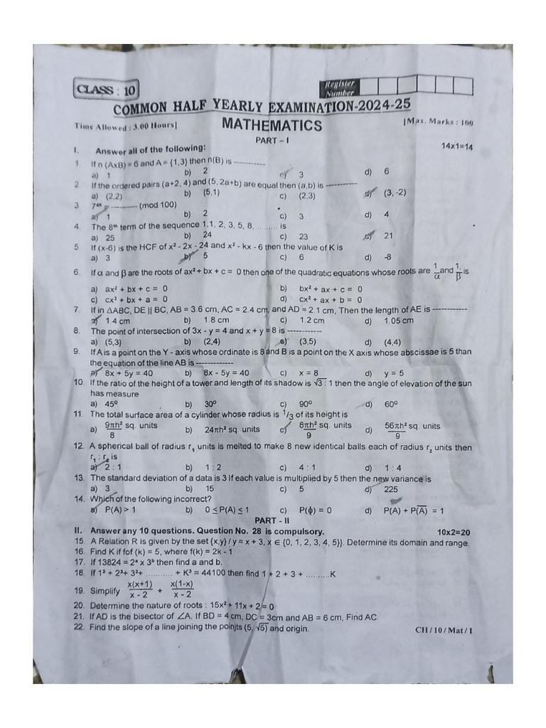 10th Maths Half Portion Paper 2024 PDF | PDF